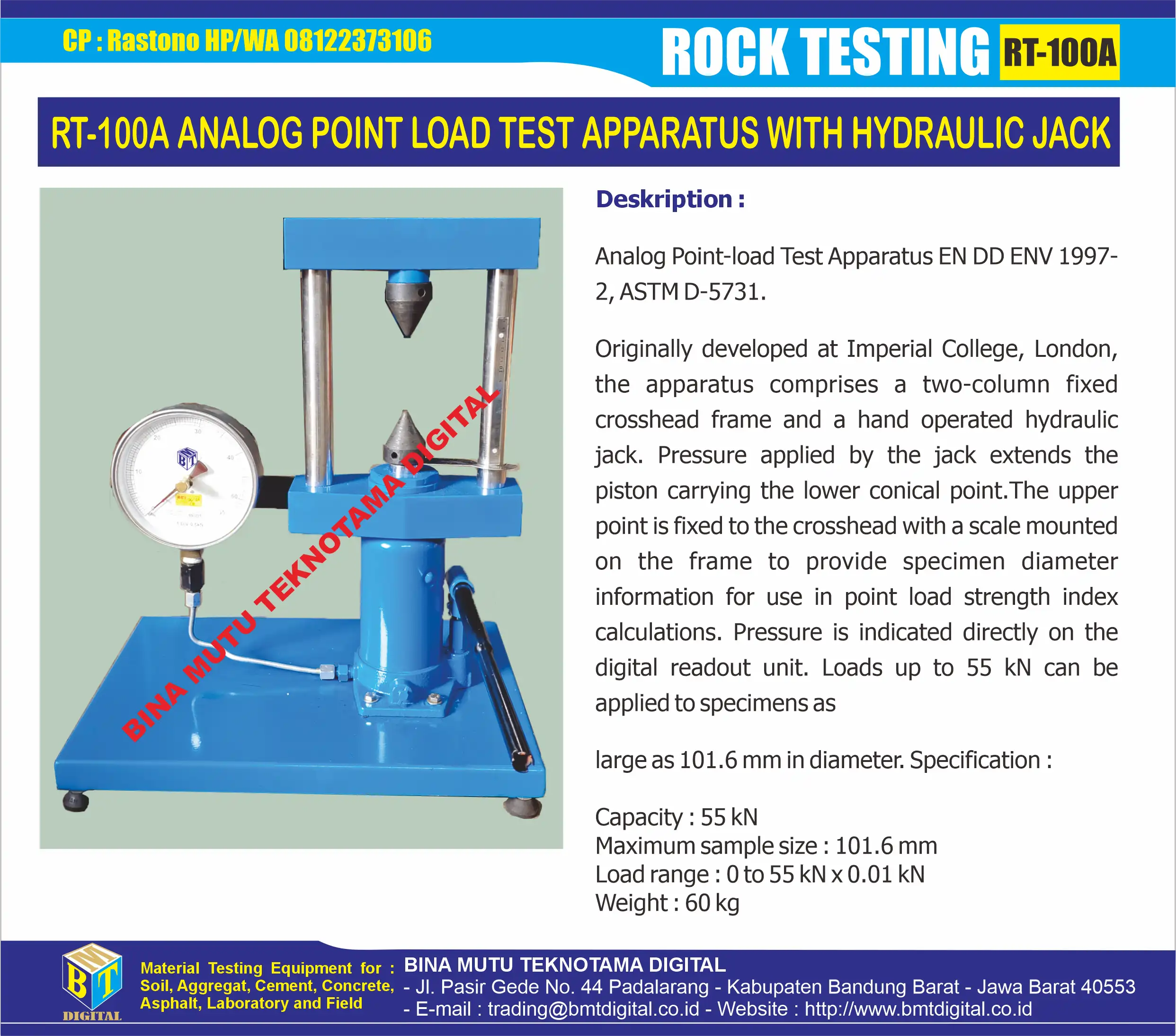 RT-100 DIGITAL POINT LOAD TEST APPARATUS